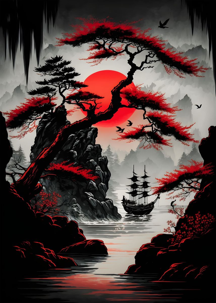 'Red black Japanese' Poster, picture, metal print, paint by Leika ...