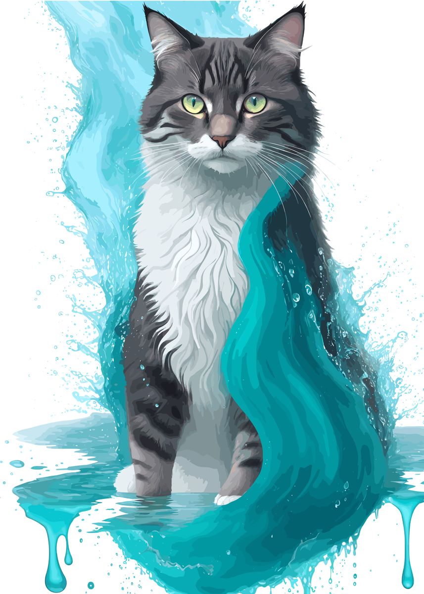 'Cat and Water' Poster, picture, metal print, paint by Jovana | Displate