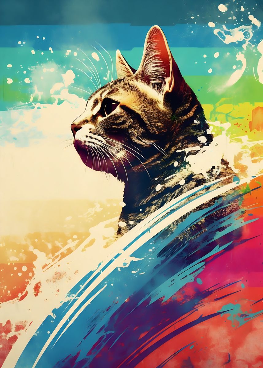 'Cat splash in Colors' Poster, picture, metal print, paint by ...