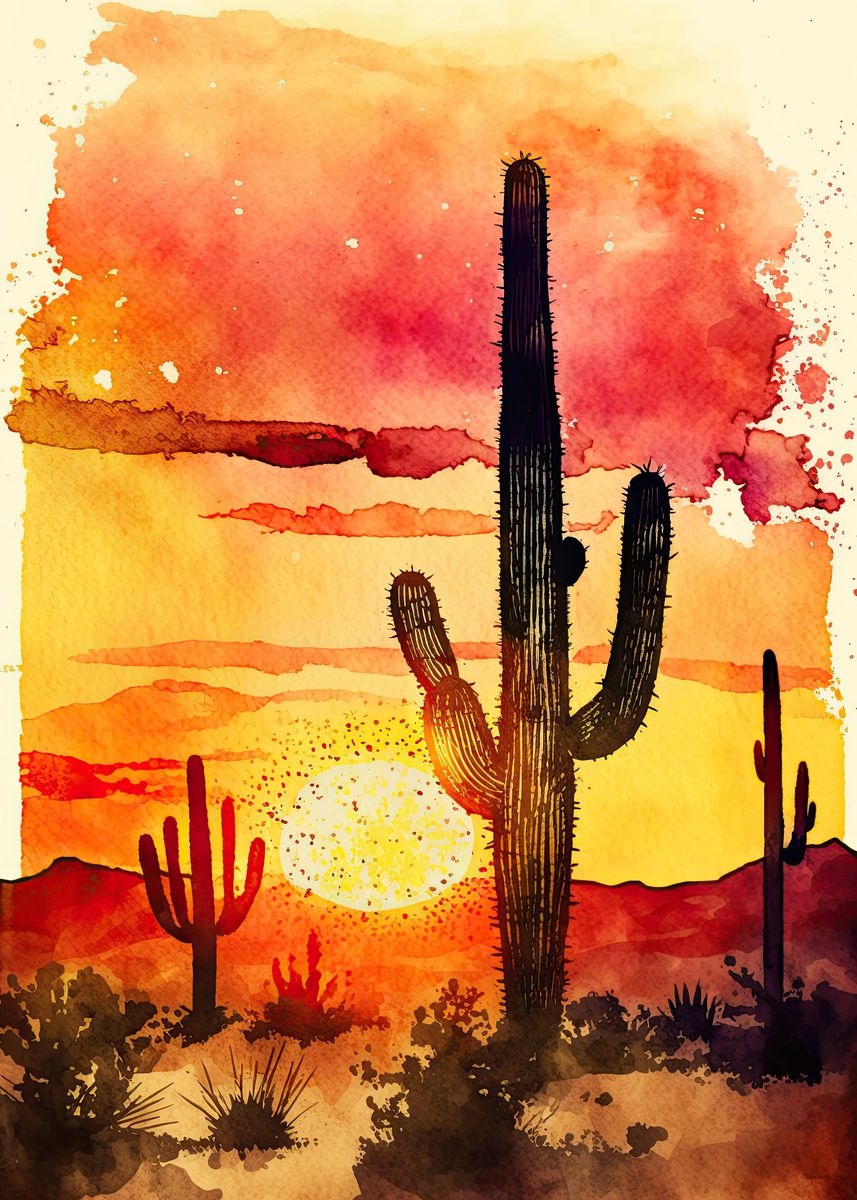 'Desert Watercolor Sunset' Poster, picture, metal print, paint by Nick ...