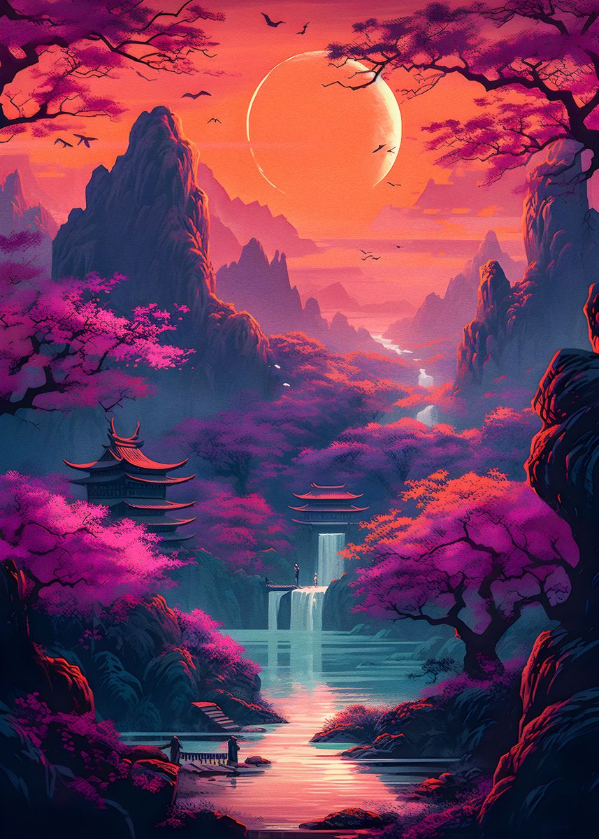 'Spring sunset in japan' Poster, picture, metal print, paint by ...