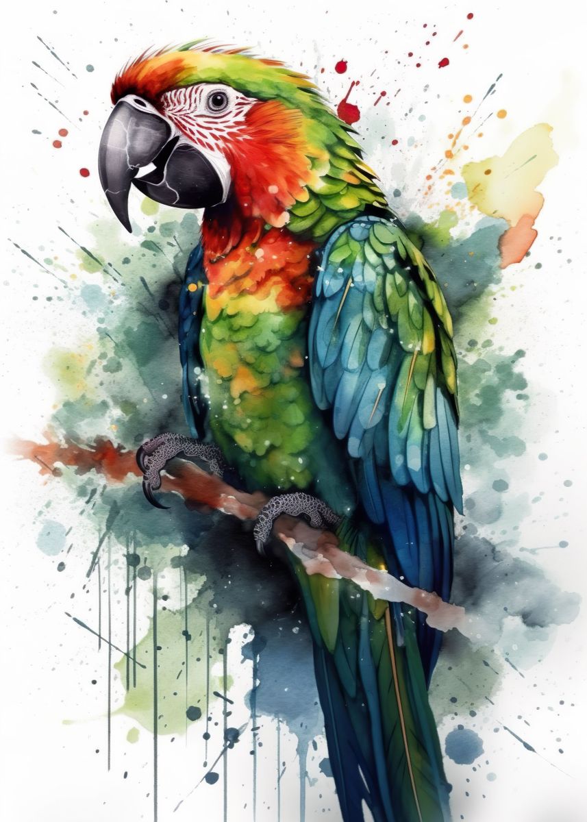 'Parrot Watersketch Perch' Poster, picture, metal print, paint by ...
