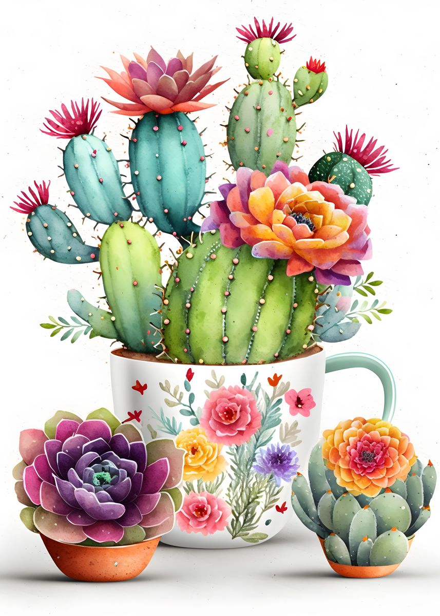 'Cactus Flowers' Poster, picture, metal print, paint by Myla Waters ...