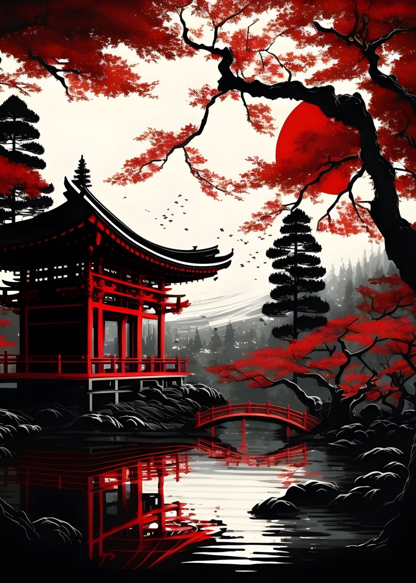 'Red Moon Japan art' Poster, picture, metal print, paint by Alex Romiro ...