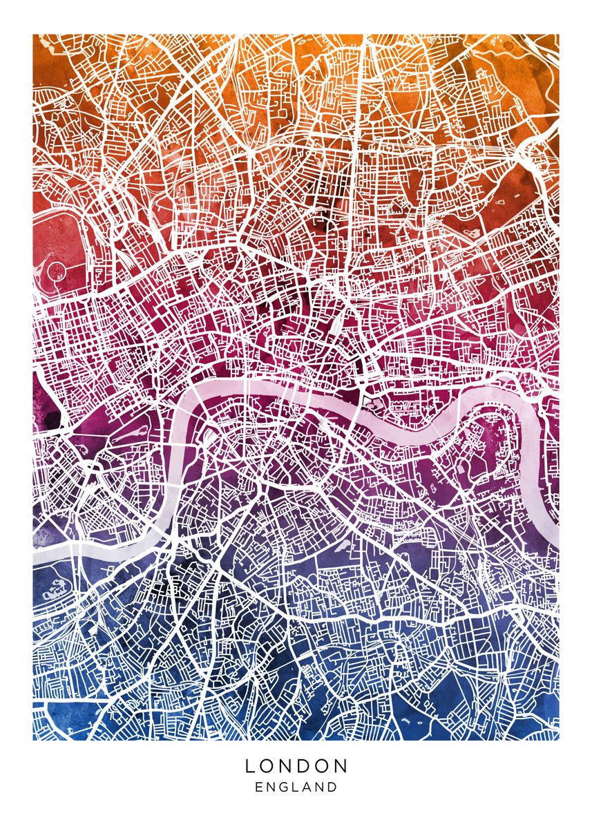 'London England Map' Poster, picture, metal print, paint by Michael ...