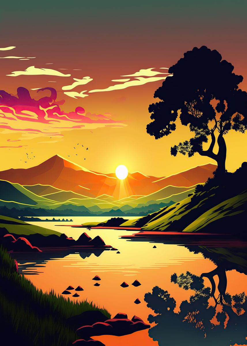 'Sunset landscape' Poster, picture, metal print, paint by lauren akaety ...
