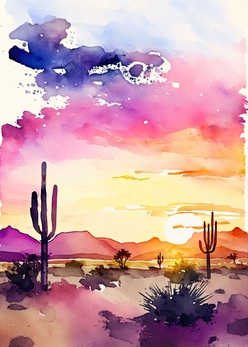 'Desert Watercolor Sunset' Poster, picture, metal print, paint by Nick ...