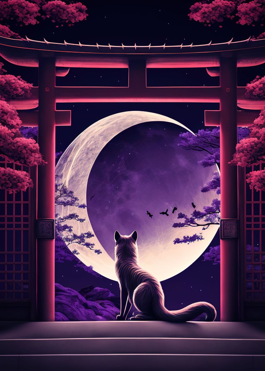 'cat moon night japane' Poster, picture, metal print, paint by NeoRowe ...