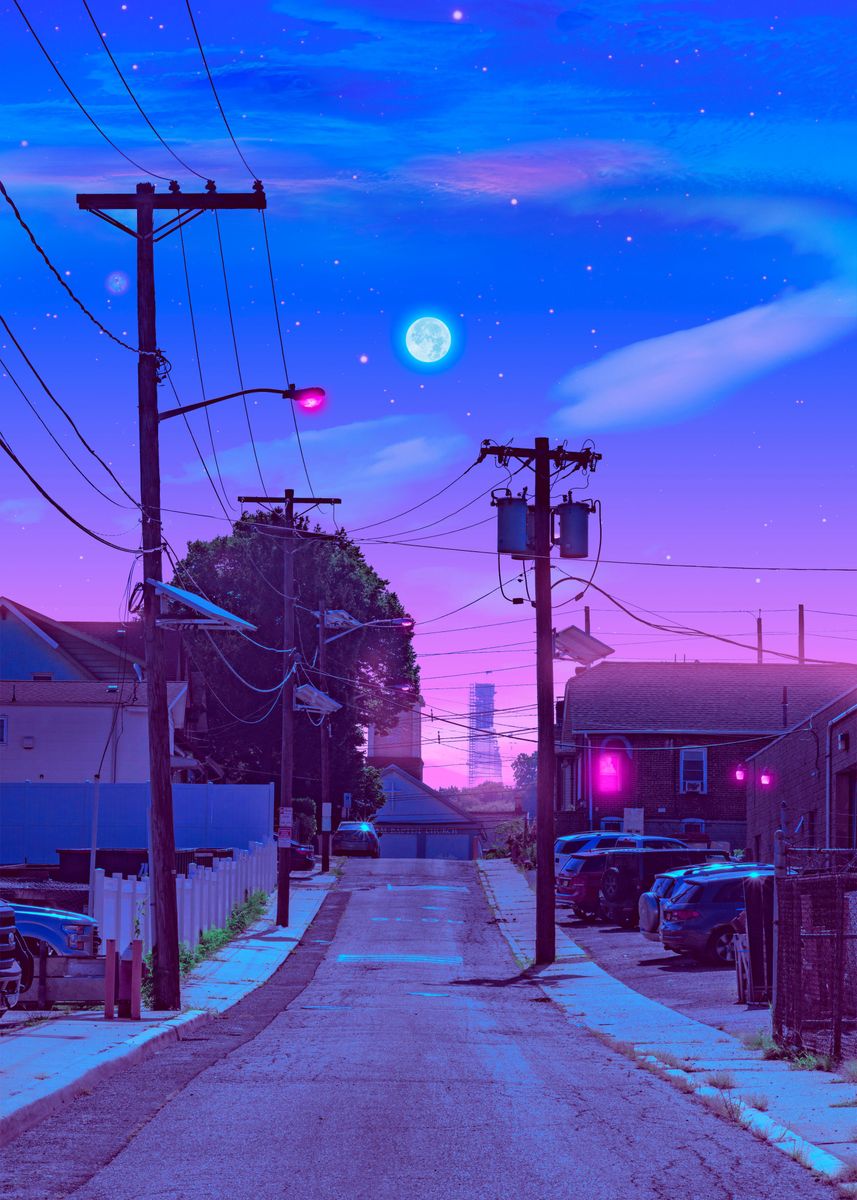 'Street moon' Poster, picture, metal print, paint by Funglazie | Displate