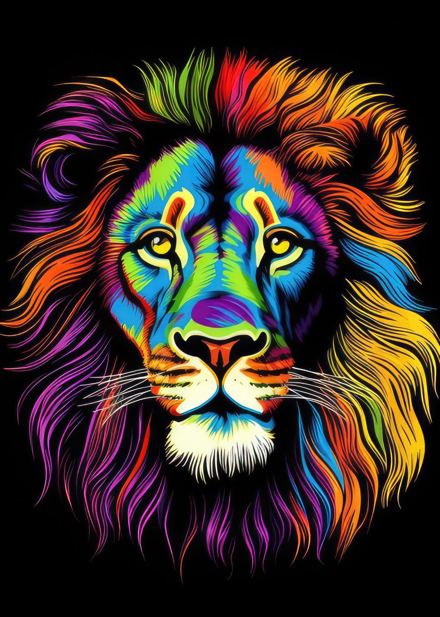 'Colorful Neon Lion' Poster, picture, metal print, paint by Wolf Design ...