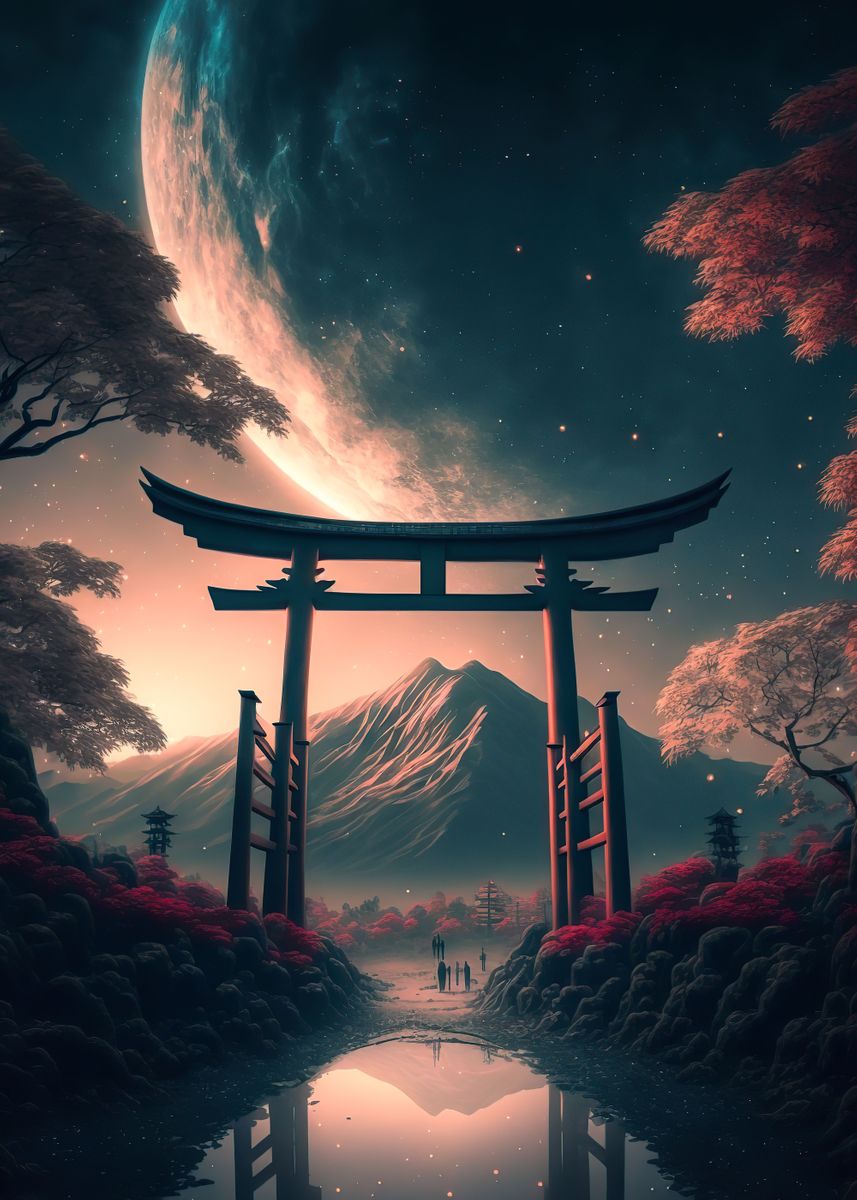 'Japanese Torii Landscape' Poster, picture, metal print, paint by Desiree Mendez | Displate
