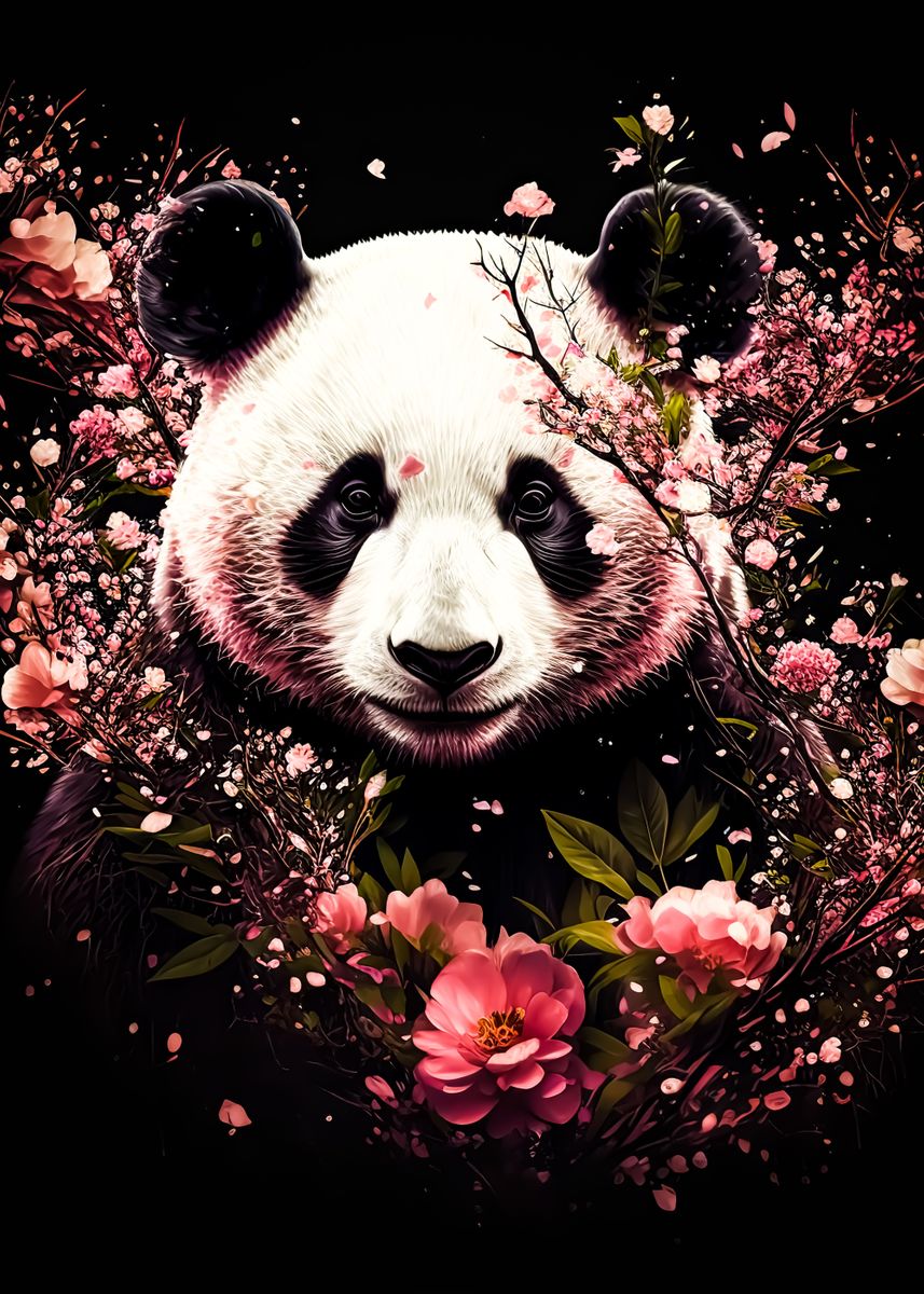 'Panda cherry blossom japan' Poster, picture, metal print, paint by ...