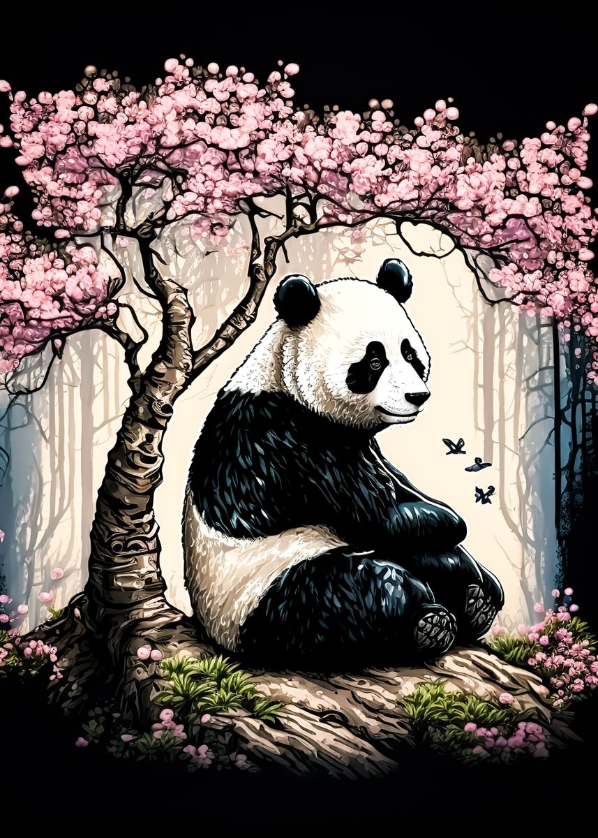 'Panda cherry blossom japan' Poster, picture, metal print, paint by ...