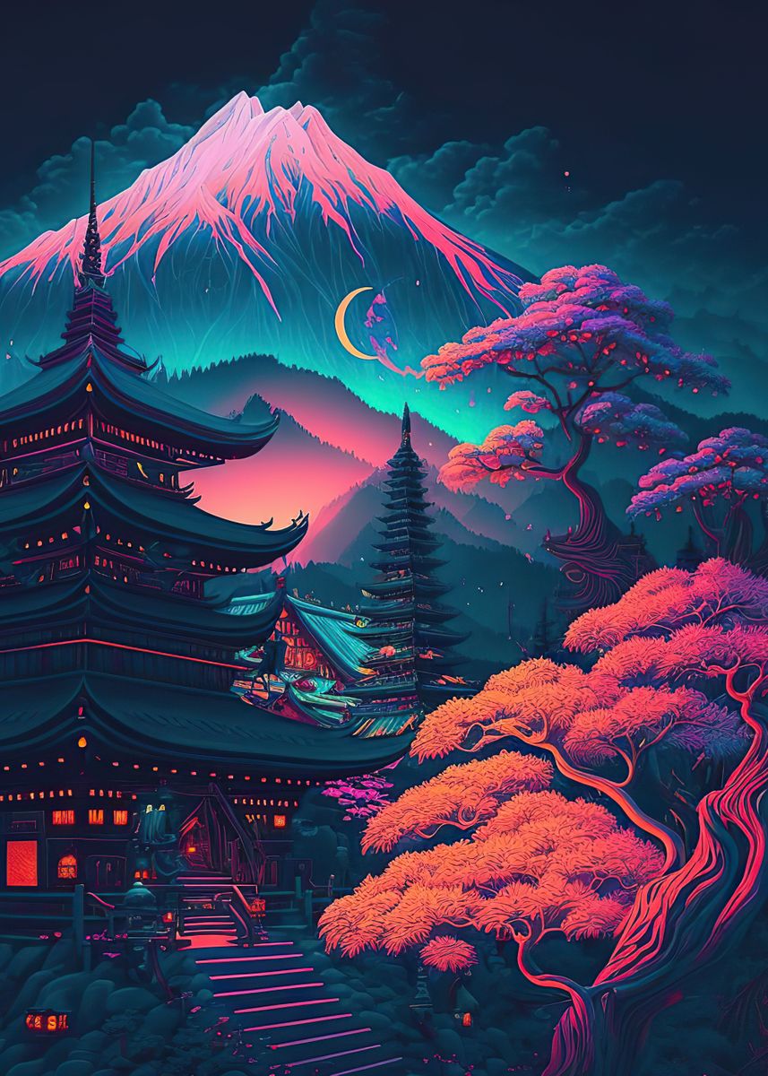 'Japanese Landscape Neon' Poster, picture, metal print, paint by Agnes ...
