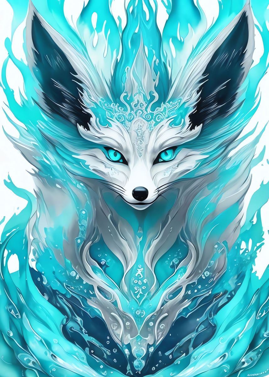 'Blue Flame Kitsune' Poster, picture, metal print, paint by Alex Bayu | Displate