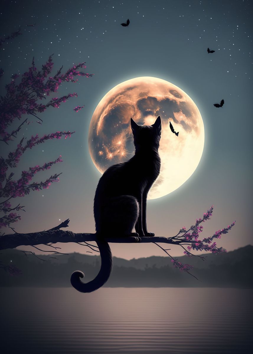 'cat moon night' Poster, picture, metal print, paint by NeoRowe | Displate