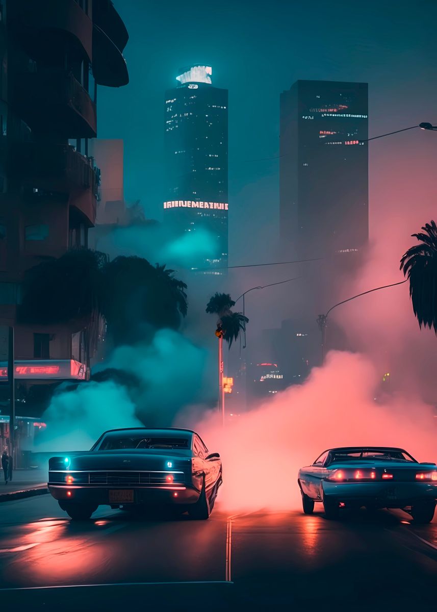 'Cars in Los Angeles Night' Poster, picture, metal print, paint by ...