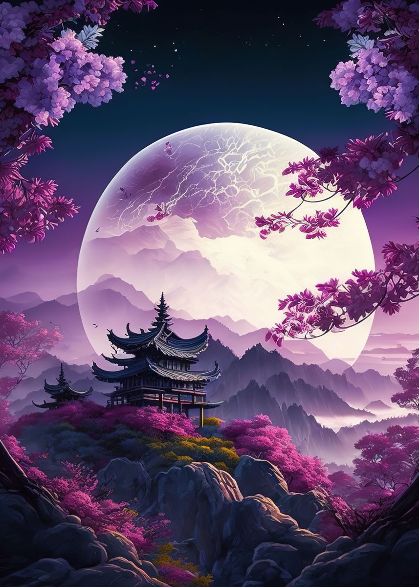 'japanese landscape moon' Poster, picture, metal print, paint by Coral ...
