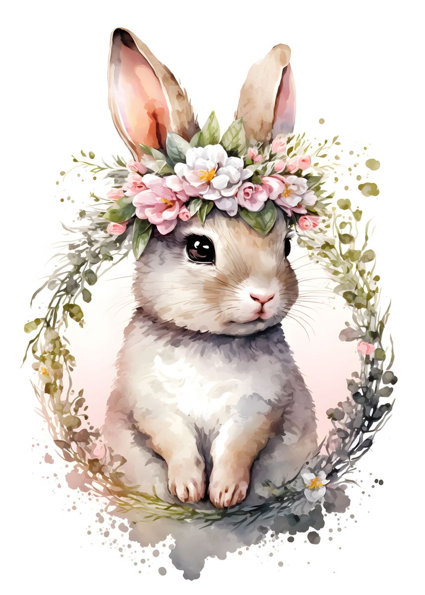 'Pinky Floral Rabbit' Poster, picture, metal print, paint by Sambel ...