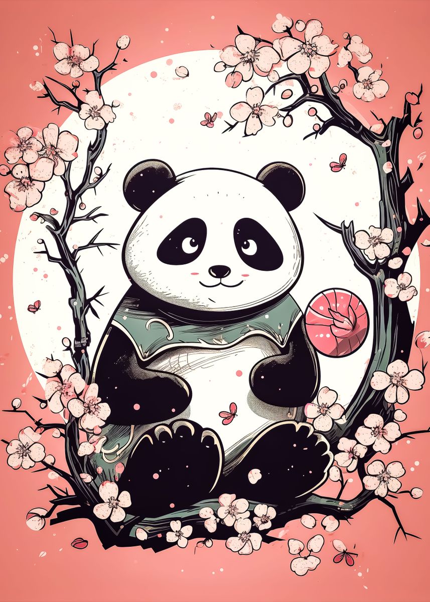'Panda cherry blossom japan' Poster, picture, metal print, paint by ...