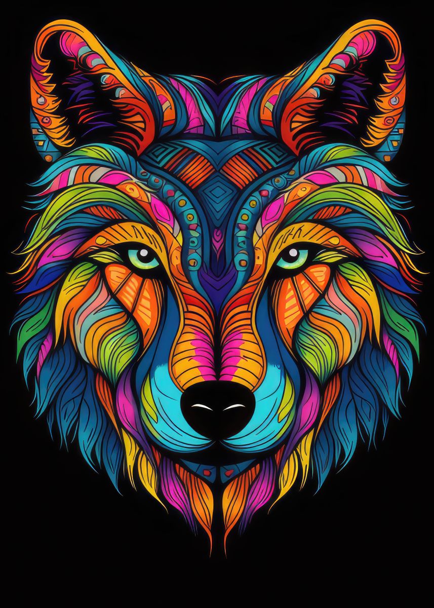 'Colorful Patterned Wolf' Poster, picture, metal print, paint by Wolf ...
