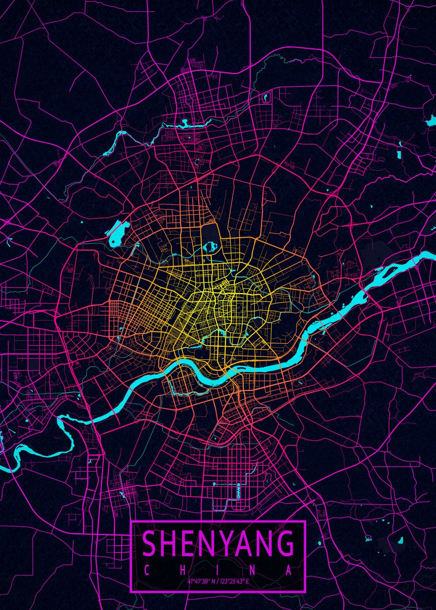 'Shenyang City Map Neon' Poster by deMAP Studio | Displate