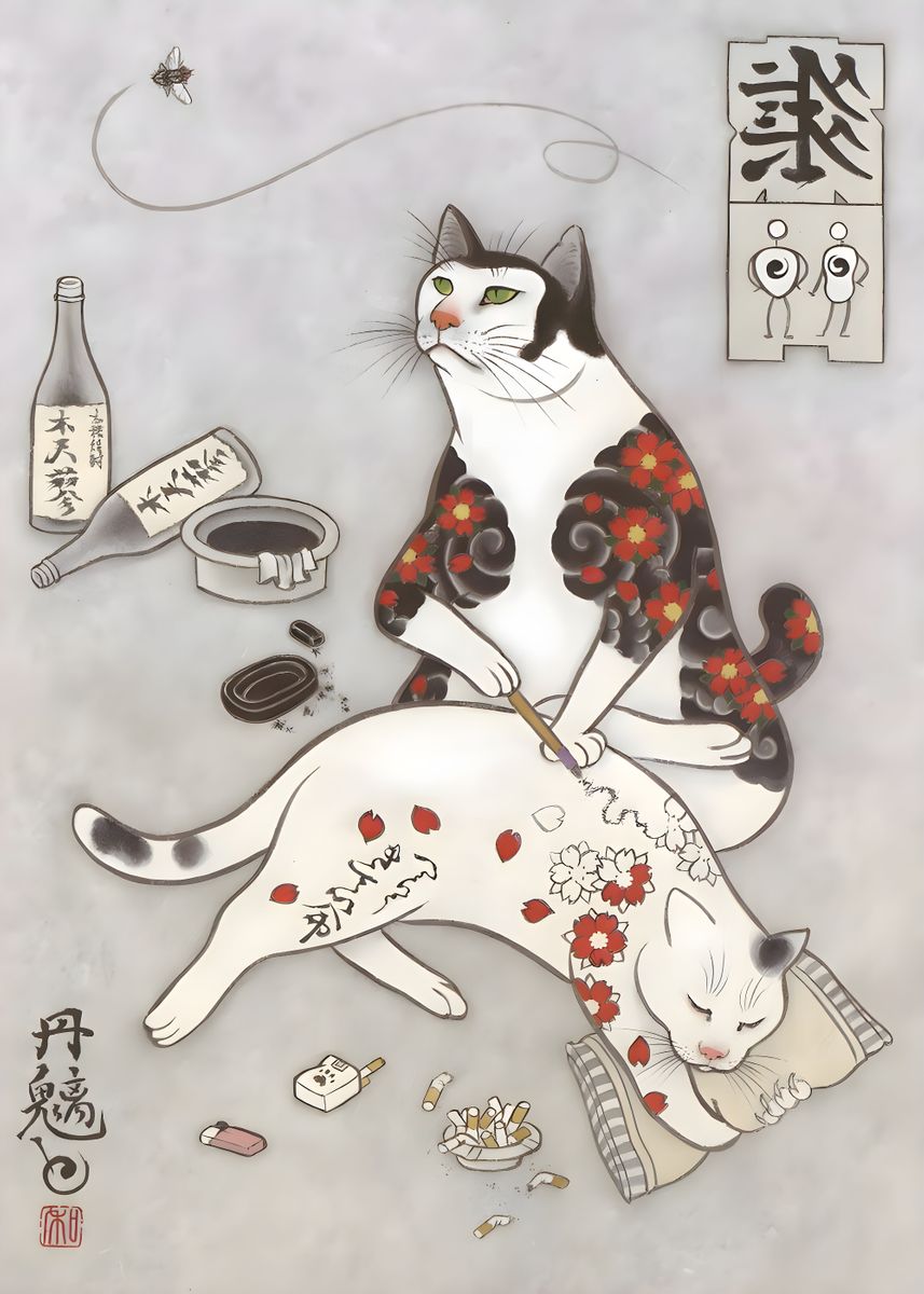 'Irezumi Rose Cat Tattoo' Poster, picture, metal print, paint by Green ...