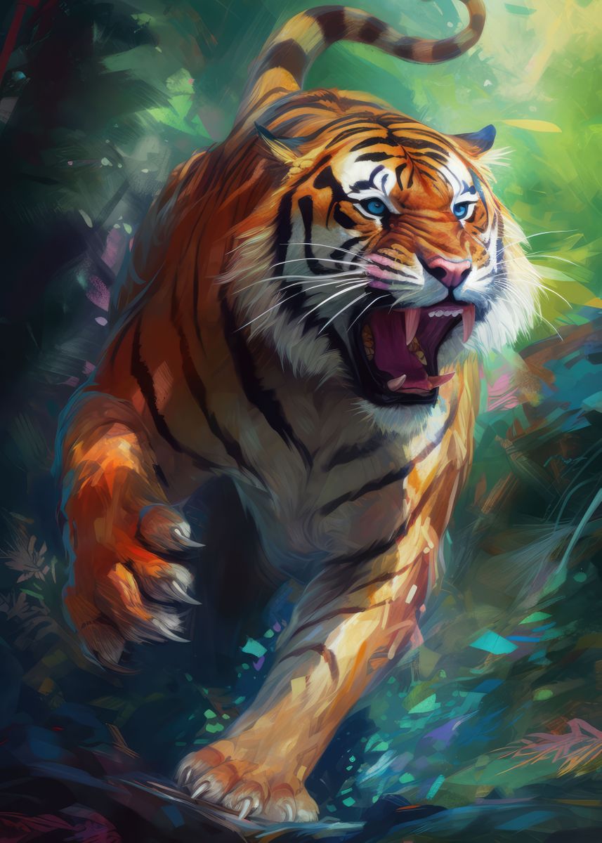 'Tiger on the Jungle Run' Poster, picture, metal print, paint by ...