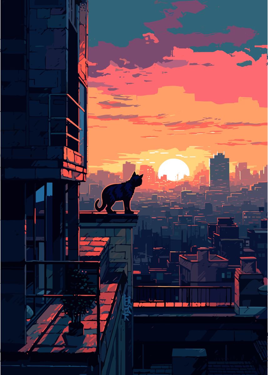 'Urban Feline Sunset' Poster, picture, metal print, paint by Powerful ...