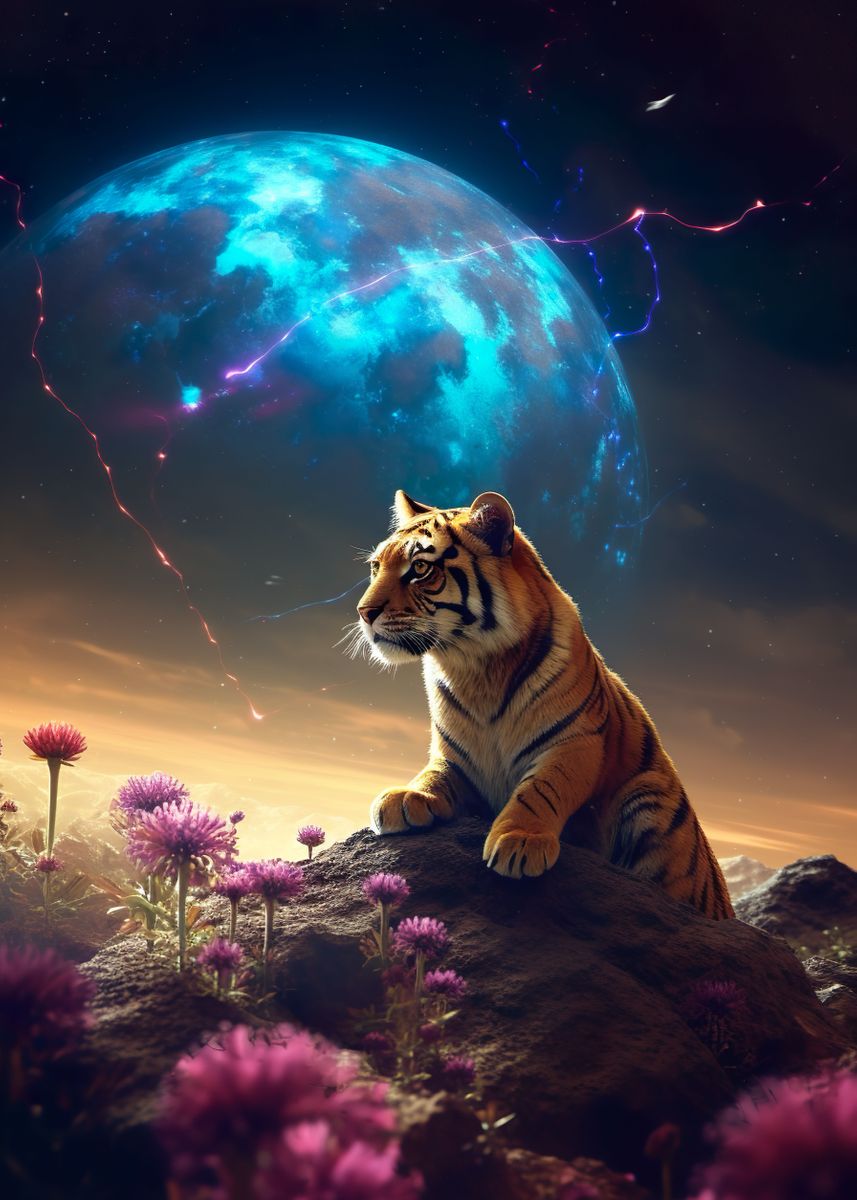 'Tiger in floral Mars' Poster, picture, metal print, paint by ...