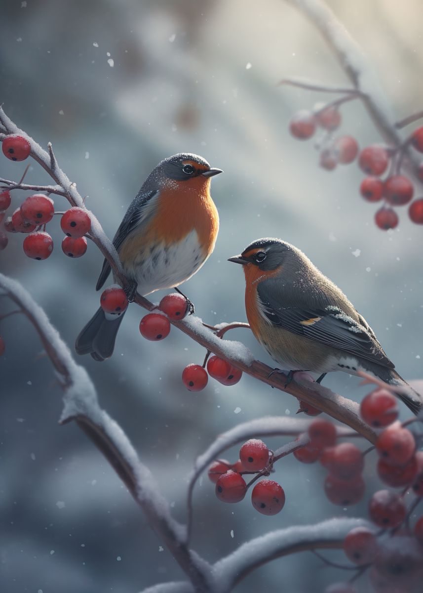 'Finches Berries Winter' Poster, picture, metal print, paint by ...