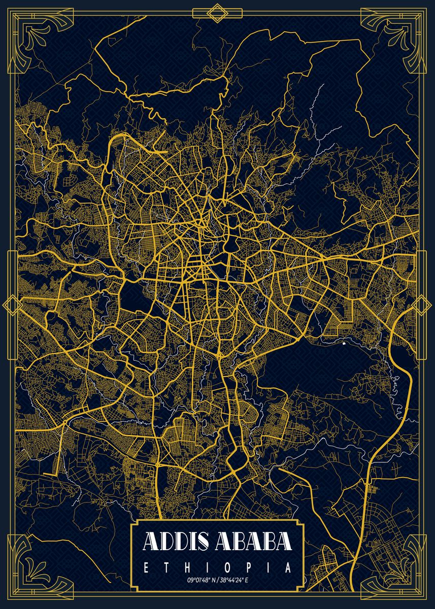 'Addis Ababa City Map Gold' Poster, picture, metal print, paint by ...