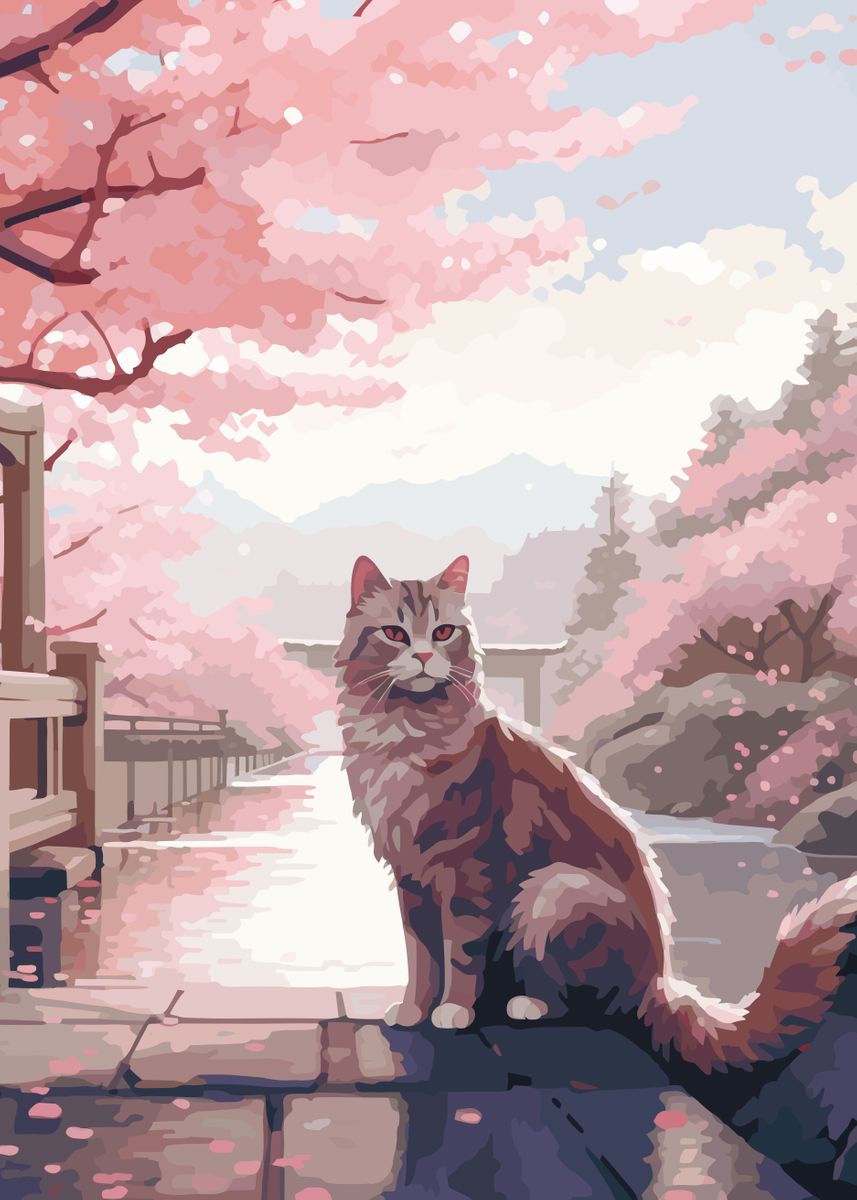 'Cherry bloom cat' Poster, picture, metal print, paint by Powerful ...