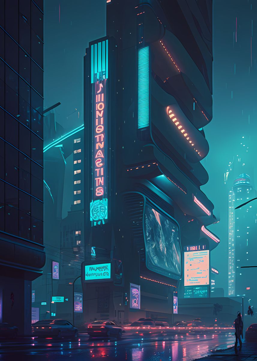 'Cyberpunk City Buildings' Poster, picture, metal print, paint by Examm ...