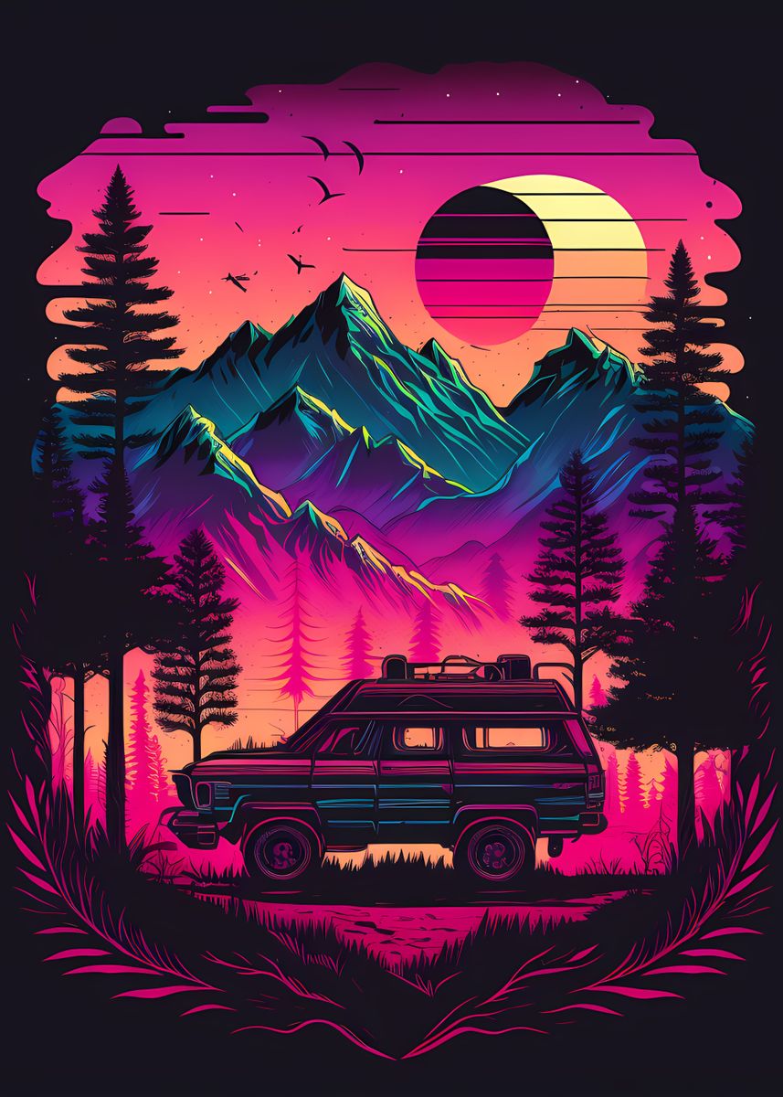 'Retro wave Car 80s neon' Poster by Adryan Baba | Displate