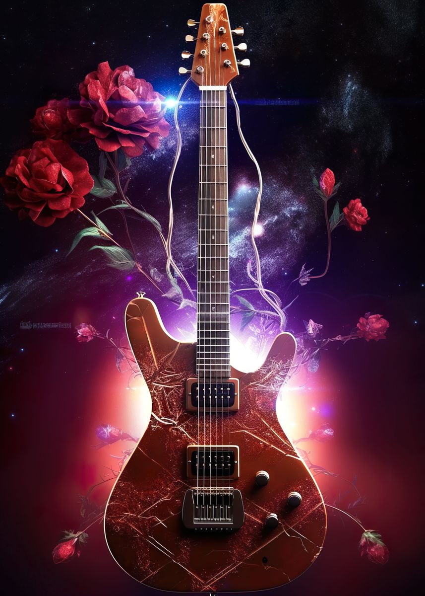 'Guitar in roses' Poster, picture, metal print, paint by ...