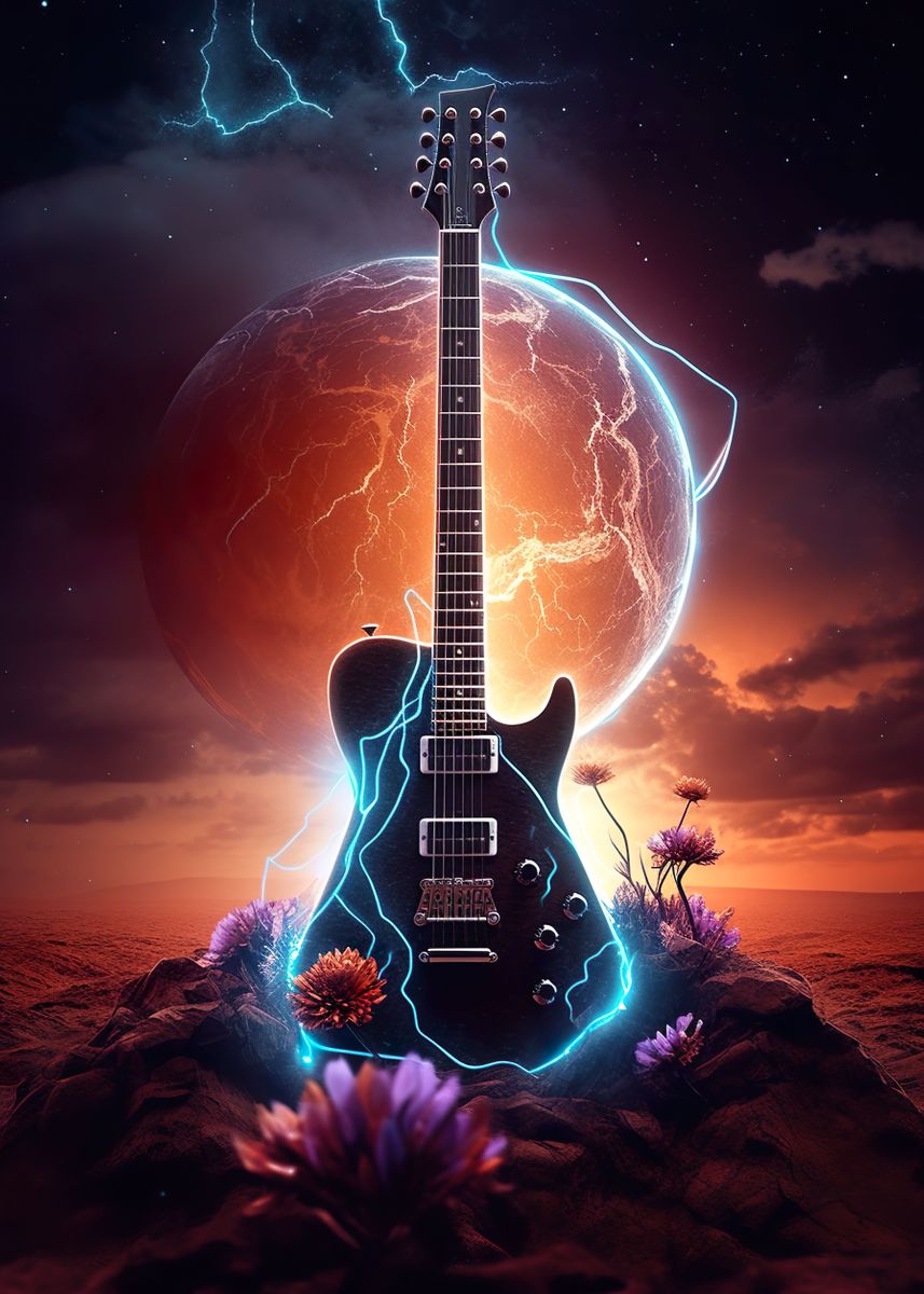 'Guitar in Space' Poster, picture, metal print, paint by ...
