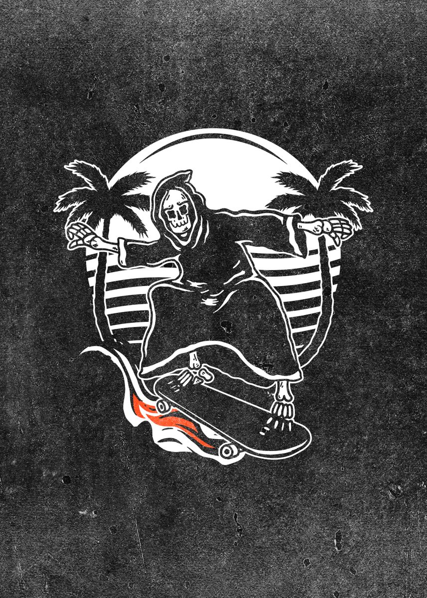 'Skeleton on a Skateboard' Poster, picture, metal print, paint by ...