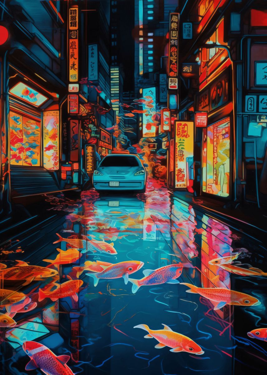 'Tokyo Neon Koi Street' Poster, picture, metal print, paint by Vincent ...