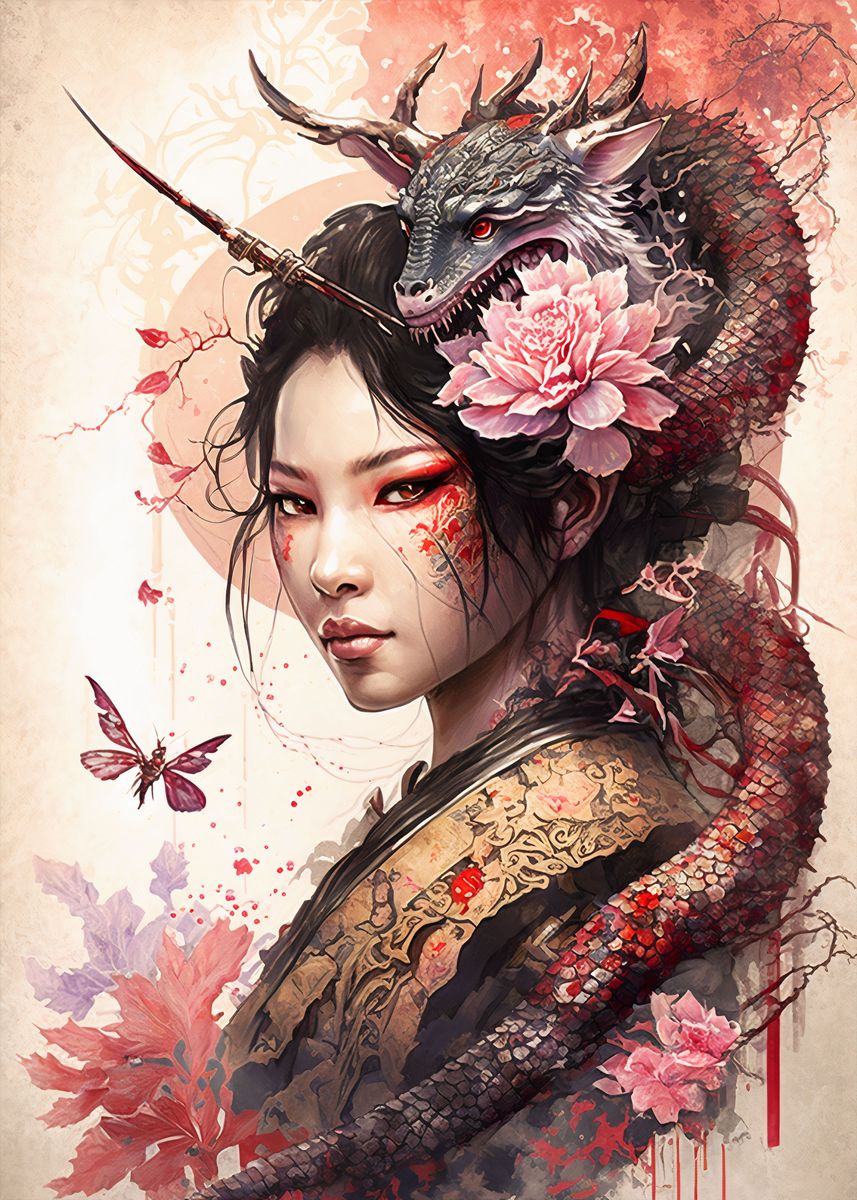 'Geisha Dragon' Poster, picture, metal print, paint by Graphic Japanese ...