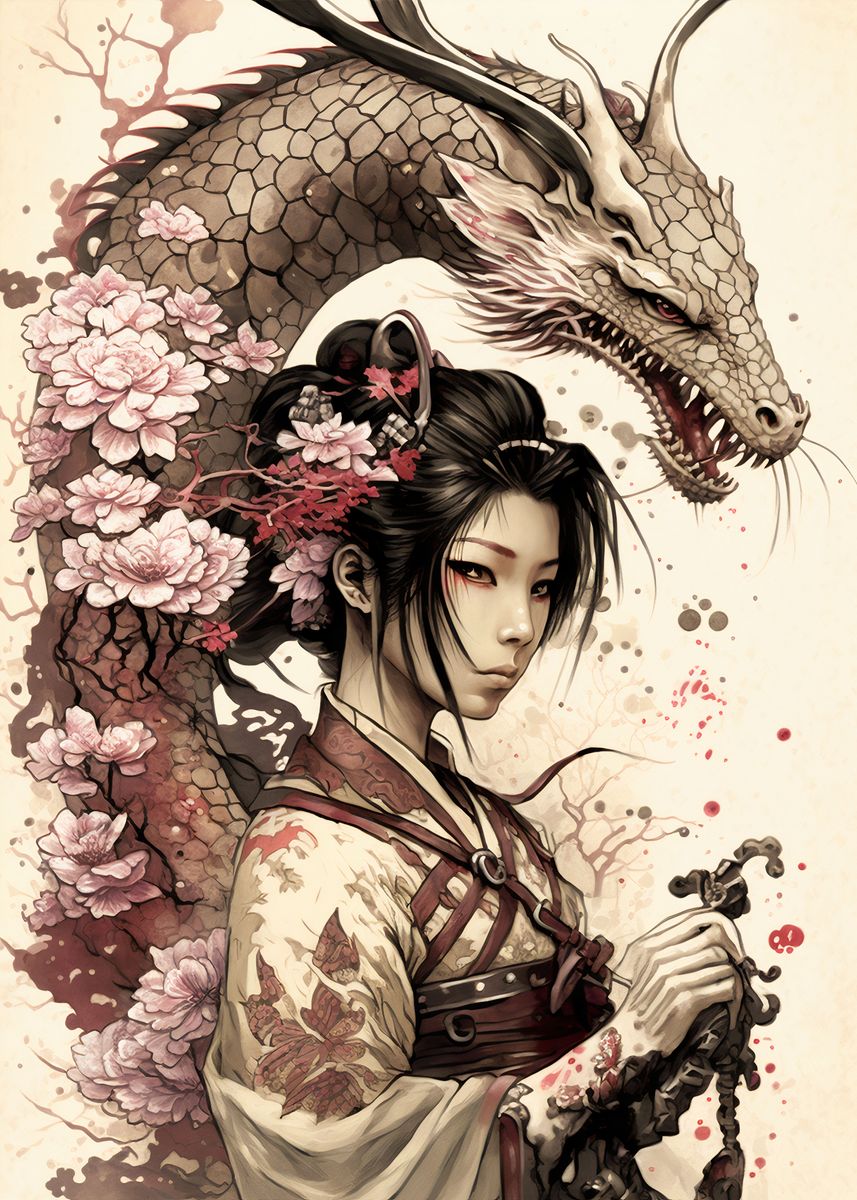 'Geisha Dragon' Poster, picture, metal print, paint by Graphic Japanese ...