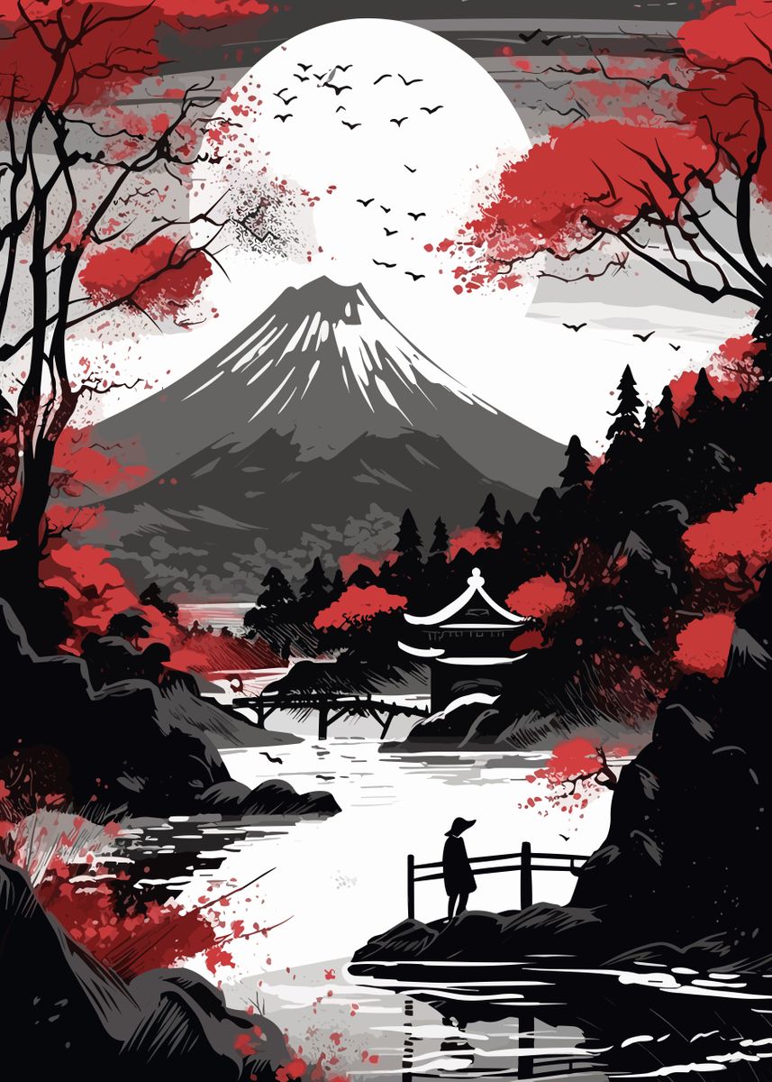 'Monochrome Japan landscape' Poster, picture, metal print, paint by ...