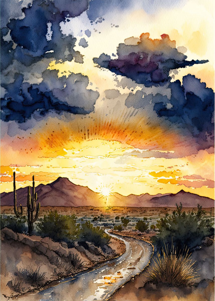 'Desert Sunset Watercolor' Poster, picture, metal print, paint by Nick ...