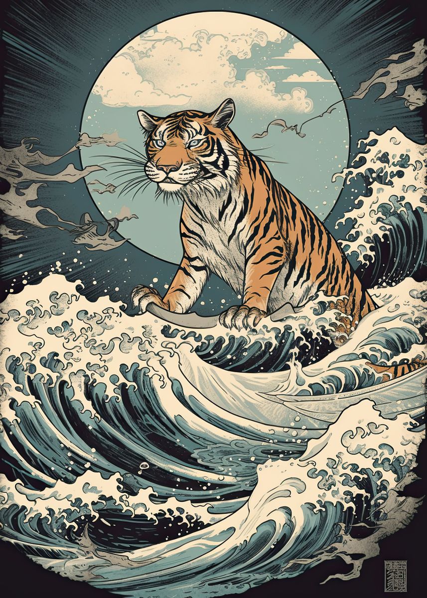 'Vintage Tiger Surfing' Poster, picture, metal print, paint by Morphic ...