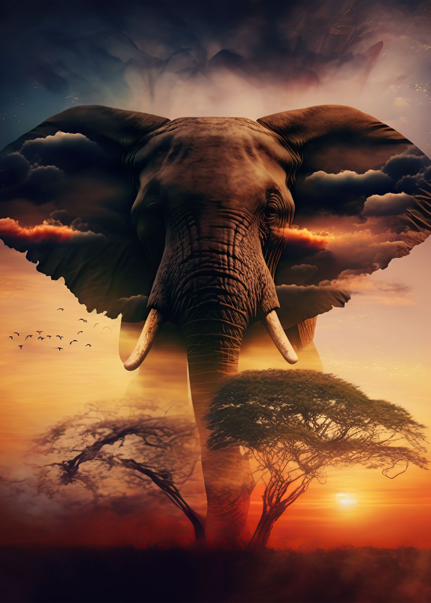 'Elephant Sunset Animal' Poster, picture, metal print, paint by Leigh ...