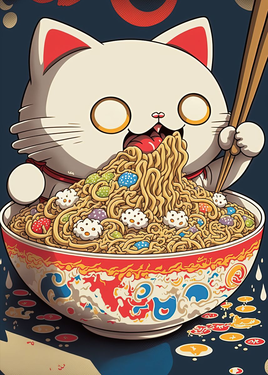 'Cat Eating Ramen' Poster, picture, metal print, paint by Creative YS ...