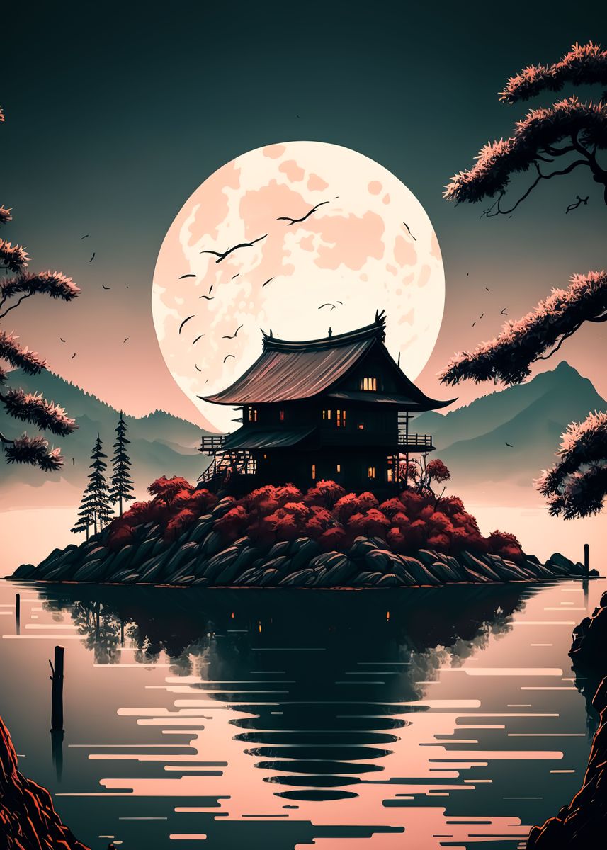 'japanese landscape house' Poster, picture, metal print, paint by ...