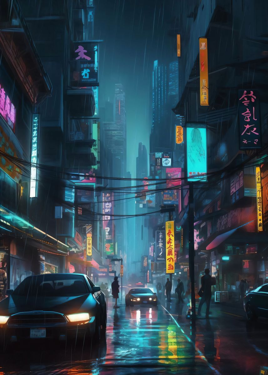 'Rainy Synth Tokyo Nights' Poster, picture, metal print, paint by ...