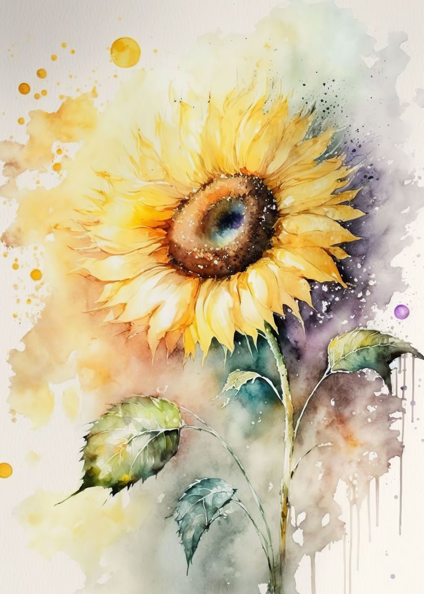 'Watercolour sunflower' Poster, picture, metal print, paint by Elly ...