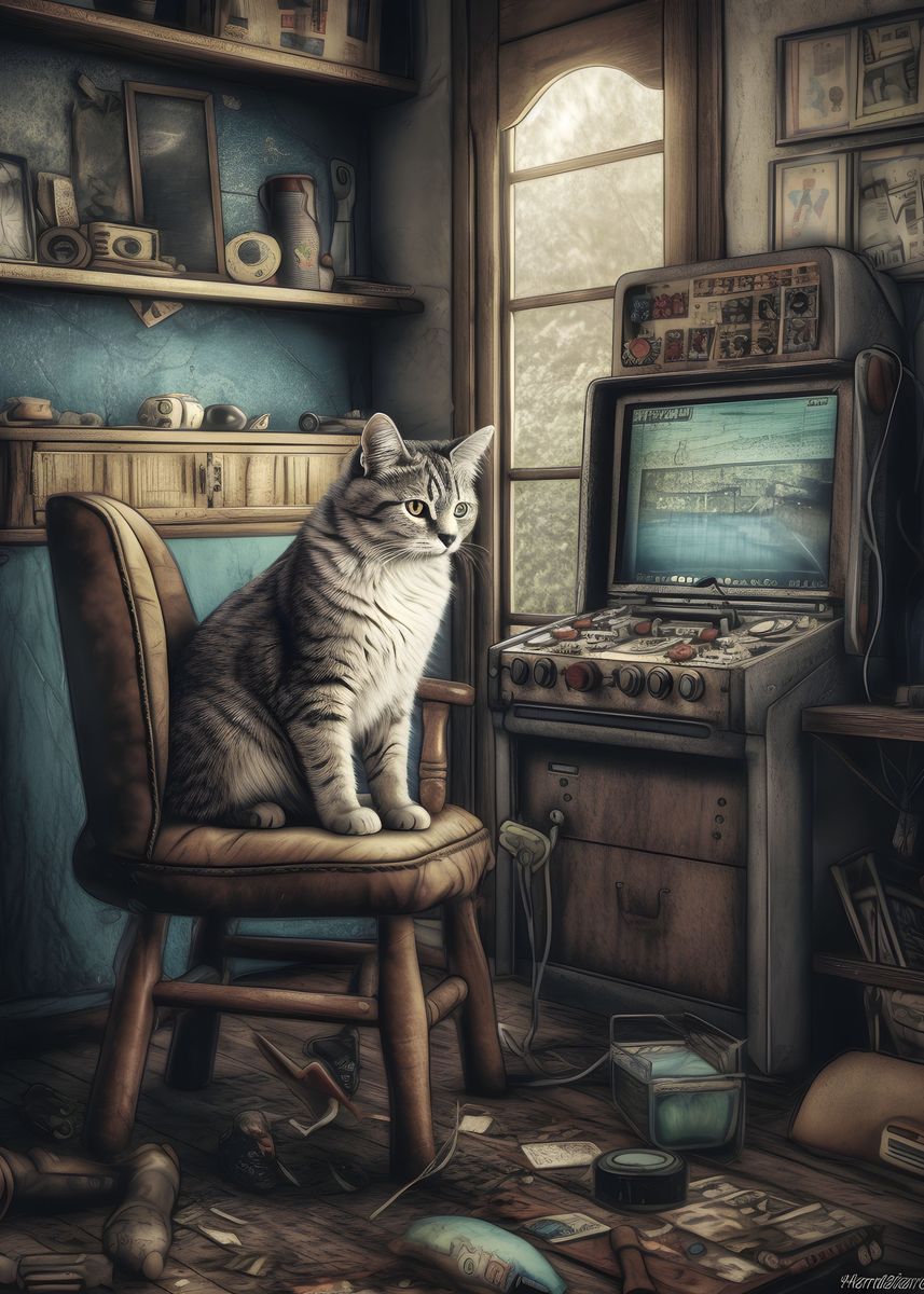 'Cat Gaming Vintage Room' Poster, picture, metal print, paint by Art ...